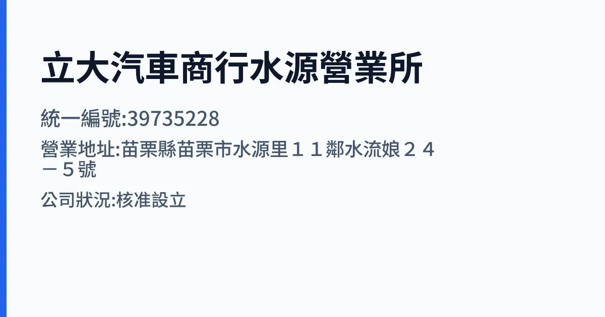 立大汽車商行水源營業所 - 統編 39735228(苗栗縣) 公司登記資料與營業項目詳細圖表