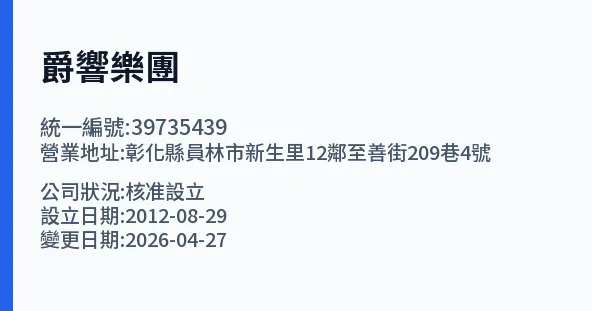爵響樂團的照片-統編 39735439(彰化縣) 公司登記資料與營業項目詳細圖表
