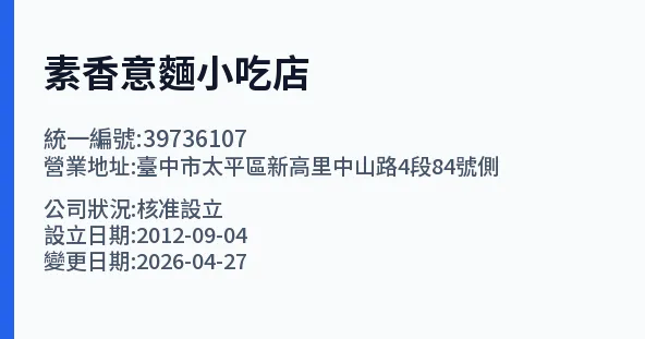 素香意麵小吃店的照片-統編 39736107(臺中市) 公司登記資料與營業項目詳細圖表