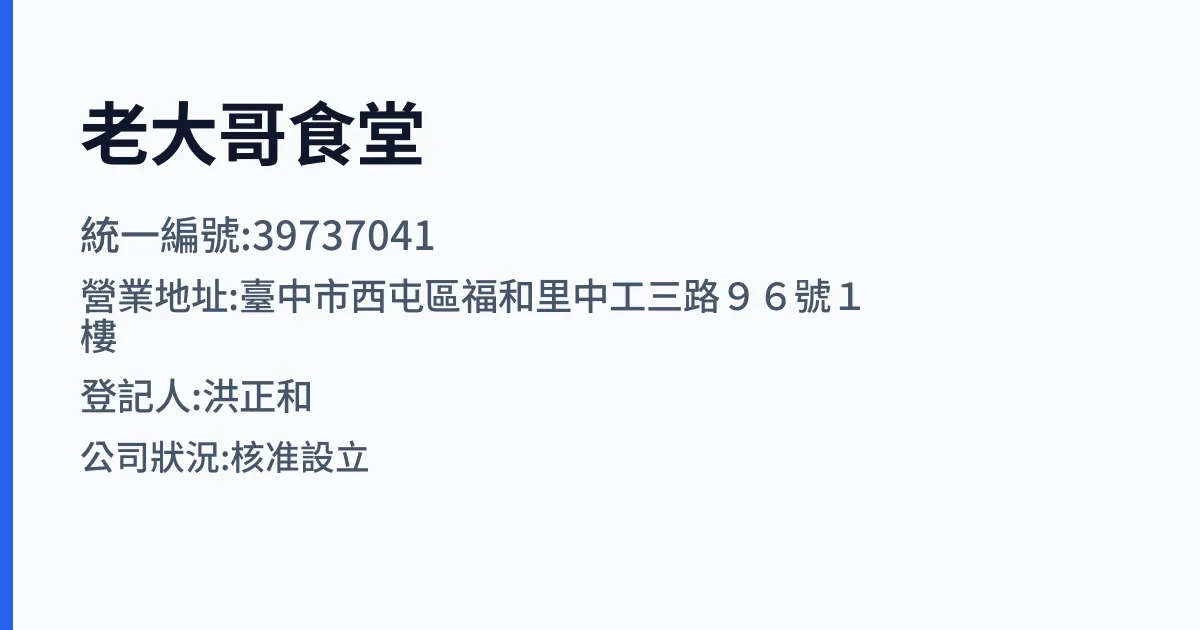 老大哥食堂 - 統編 39737041(臺中市) 公司登記資料與營業項目詳細圖表