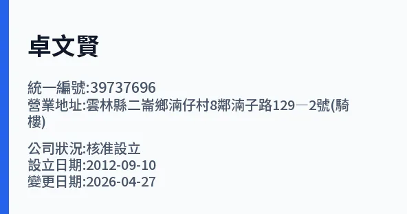 卓文賢的照片-統編 39737696(雲林縣) 公司登記資料與營業項目詳細圖表