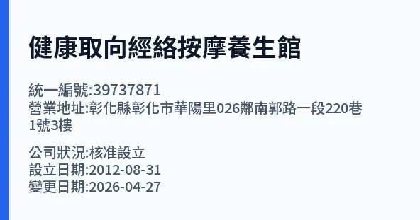 健康取向經絡按摩養生館的照片-統編 39737871(彰化縣) 公司登記資料與營業項目詳細圖表