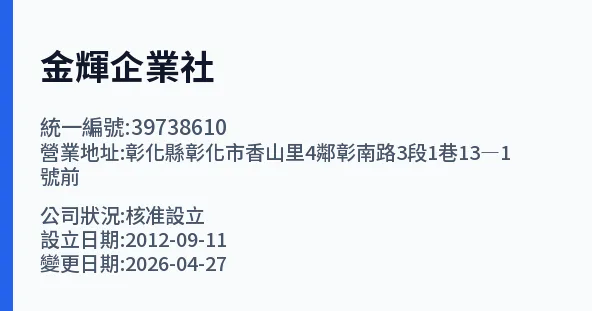 金輝企業社的照片-統編 39738610(彰化縣) 公司登記資料與營業項目詳細圖表