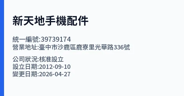 新天地手機配件的照片-統編 39739174(臺中市) 公司登記資料與營業項目詳細圖表