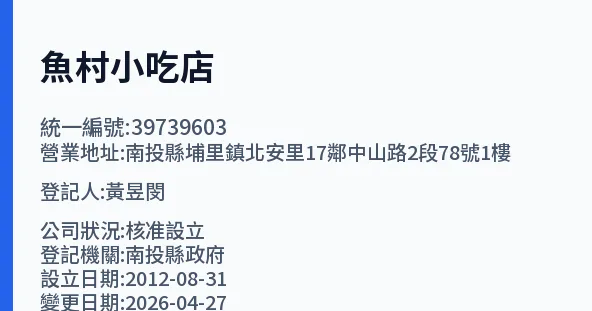 魚村小吃店的照片-統編 39739603(南投縣) 公司登記資料與營業項目詳細圖表