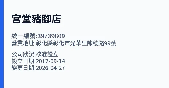 宮堂豬腳店的照片-統編 39739809(彰化縣) 公司登記資料與營業項目詳細圖表
