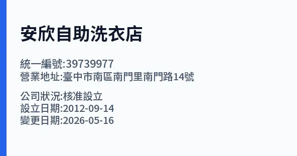 安欣自助洗衣店的照片-統編 39739977(臺中市) 公司登記資料與營業項目詳細圖表