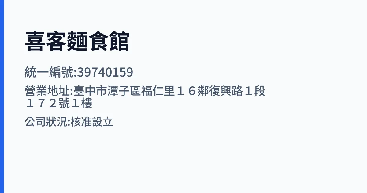 喜客麵食館 - 統編 39740159(臺中市) 公司登記資料與營業項目詳細圖表