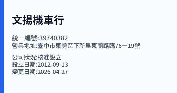 文揚機車行的照片-統編 39740382(臺中市) 公司登記資料與營業項目詳細圖表
