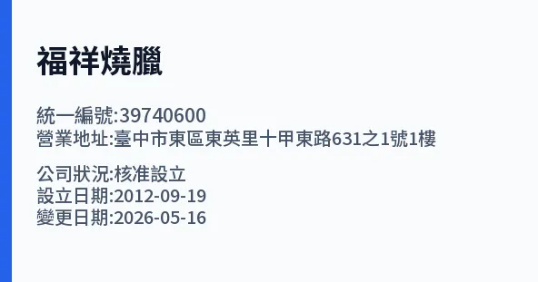 福祥燒臘的照片-統編 39740600(臺中市) 公司登記資料與營業項目詳細圖表