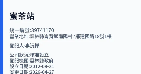 蜜茶站的照片-統編 39741170(雲林縣) 公司登記資料與營業項目詳細圖表