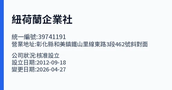 紐荷蘭企業社的照片-統編 39741191(彰化縣) 公司登記資料與營業項目詳細圖表
