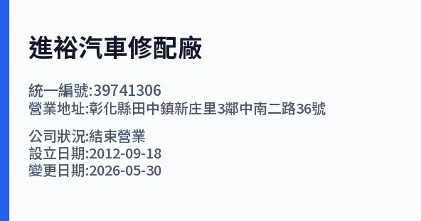 進裕汽車修配廠的照片-統編 39741306(彰化縣) 公司登記資料與營業項目詳細圖表