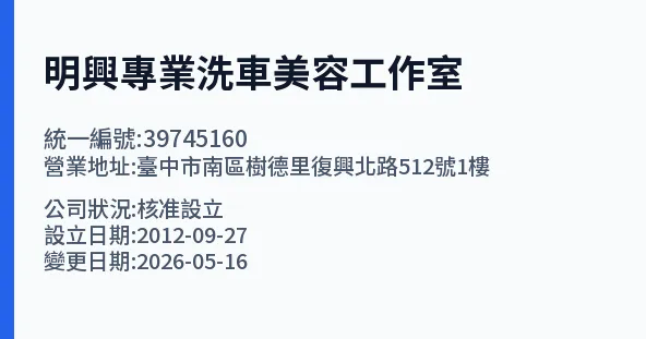 明興專業洗車美容工作室的照片-統編 39745160(臺中市) 公司登記資料與營業項目詳細圖表