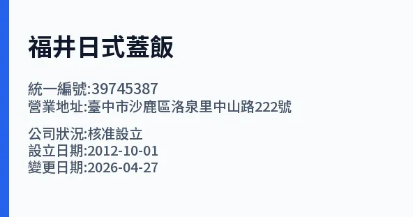 福井日式蓋飯的照片-統編 39745387(臺中市) 公司登記資料與營業項目詳細圖表