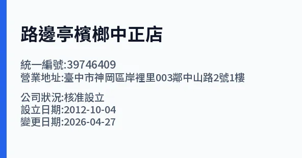 路邊亭檳榔中正店的照片-統編 39746409(臺中市) 公司登記資料與營業項目詳細圖表