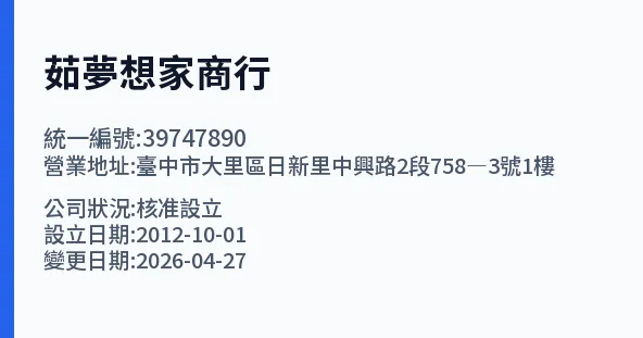 茹夢想家商行的照片-統編 39747890(臺中市) 公司登記資料與營業項目詳細圖表