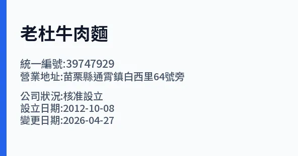 老杜牛肉麵的照片-統編 39747929(苗栗縣) 公司登記資料與營業項目詳細圖表