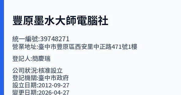 豐原墨水大師電腦社的照片-統編 39748271(臺中市) 公司登記資料與營業項目詳細圖表