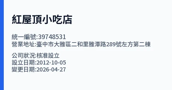 紅屋頂小吃店的照片-統編 39748531(臺中市) 公司登記資料與營業項目詳細圖表