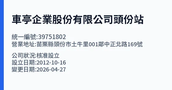 車亭企業股份有限公司頭份站的照片-統編 39751802(苗栗縣) 公司登記資料與營業項目詳細圖表