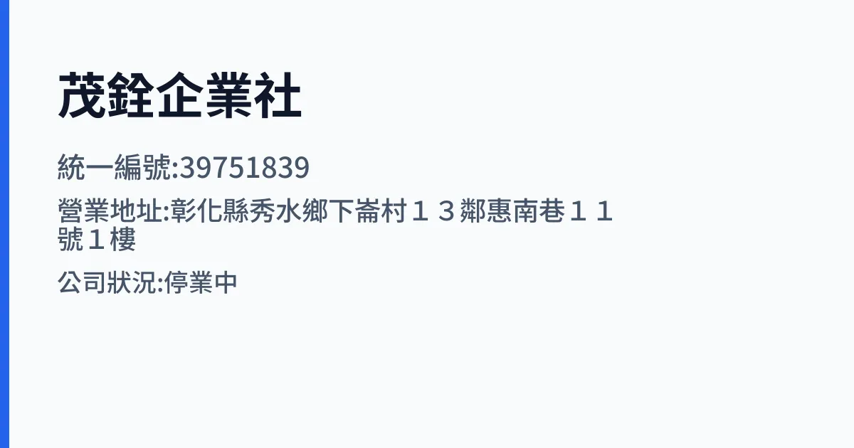 茂銓企業社 - 統編 39751839(彰化縣) 公司登記資料與營業項目詳細圖表