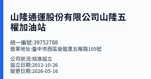 山隆通運股份有限公司山隆五權加油站的照片-統編 39752788(臺中市) 公司登記資料與營業項目詳細圖表
