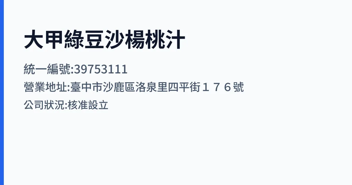 大甲綠豆沙楊桃汁 - 統編 39753111(臺中市) 公司登記資料與營業項目詳細圖表