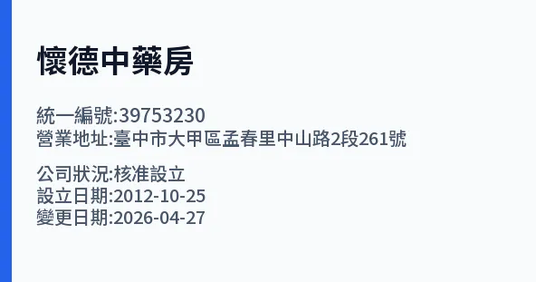 懷德中藥房的照片-統編 39753230(臺中市) 公司登記資料與營業項目詳細圖表