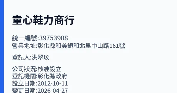 童心鞋力商行的照片-統編 39753908(彰化縣) 公司登記資料與營業項目詳細圖表