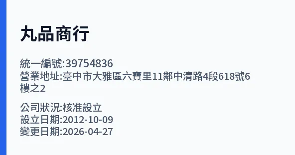 丸品商行的照片-統編 39754836(臺中市) 公司登記資料與營業項目詳細圖表