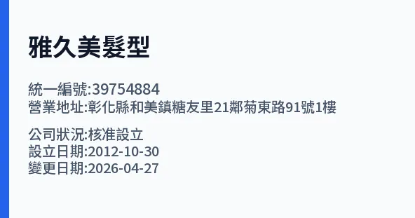 雅久美髮型的照片-統編 39754884(彰化縣) 公司登記資料與營業項目詳細圖表