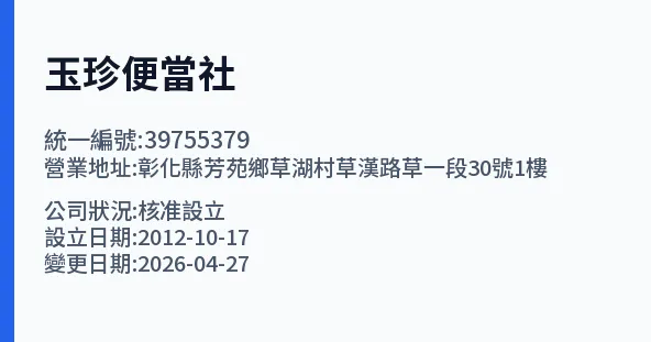 玉珍便當社的照片-統編 39755379(彰化縣) 公司登記資料與營業項目詳細圖表