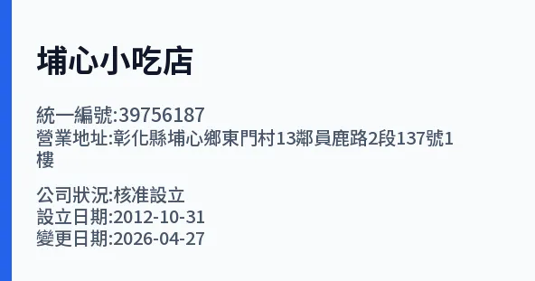 埔心小吃店的照片-統編 39756187(彰化縣) 公司登記資料與營業項目詳細圖表