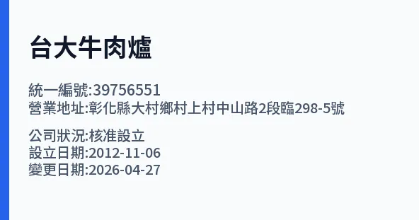 台大牛肉爐的照片-統編 39756551(彰化縣) 公司登記資料與營業項目詳細圖表