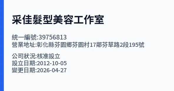 采佳髮型美容工作室的照片-統編 39756813(彰化縣) 公司登記資料與營業項目詳細圖表