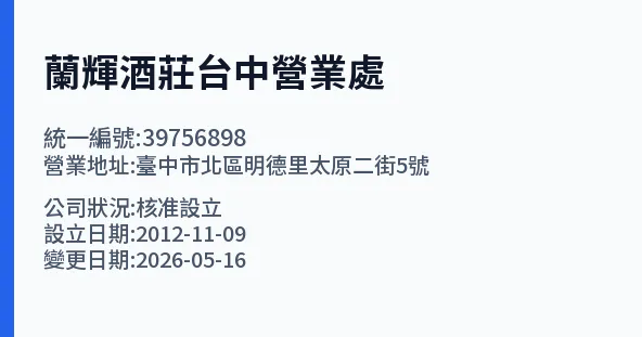 蘭輝酒莊台中營業處的照片-統編 39756898(臺中市) 公司登記資料與營業項目詳細圖表