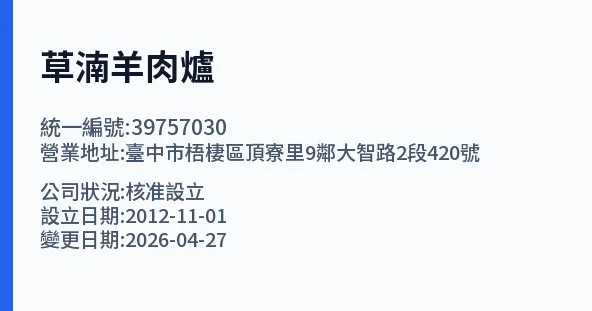 草湳羊肉爐的照片-統編 39757030(臺中市) 公司登記資料與營業項目詳細圖表