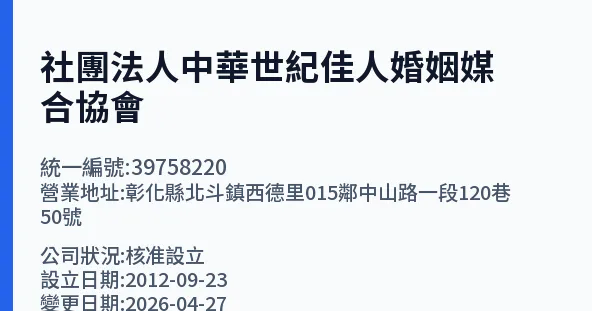 社團法人中華世紀佳人婚姻媒合協會的照片-統編 39758220(彰化縣) 公司登記資料與營業項目詳細圖表