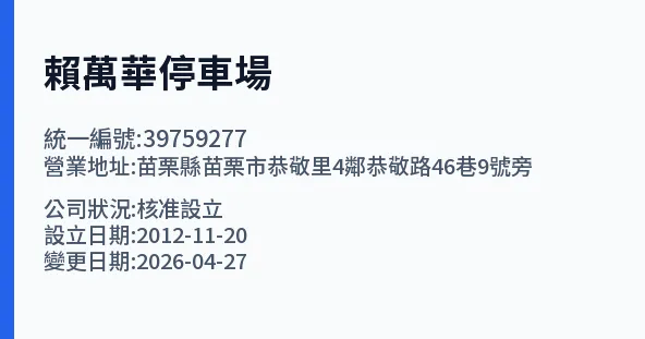 賴萬華停車場的照片-統編 39759277(苗栗縣) 公司登記資料與營業項目詳細圖表