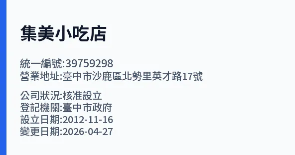 集美小吃店的照片-統編 39759298(臺中市) 公司登記資料與營業項目詳細圖表