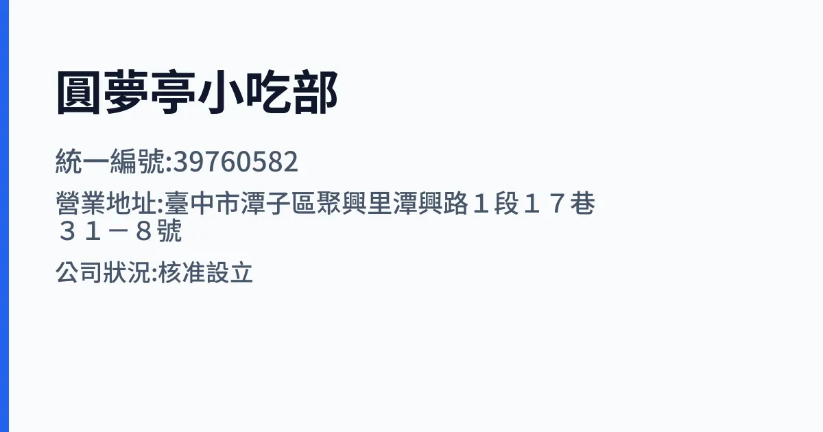 圓夢亭小吃部 - 統編 39760582(臺中市) 公司登記資料與營業項目詳細圖表