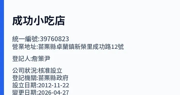 成功小吃店的照片-統編 39760823(苗栗縣) 公司登記資料與營業項目詳細圖表