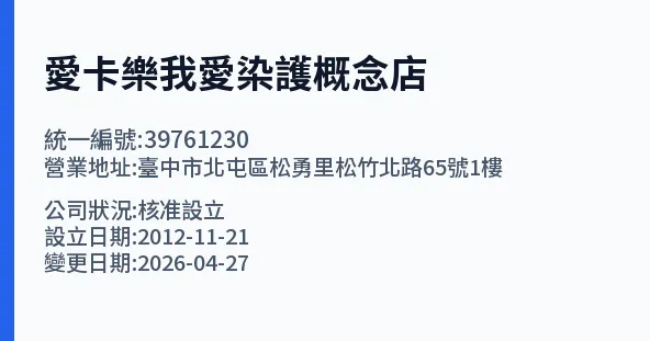 愛卡樂我愛染護概念店的照片-統編 39761230(臺中市) 公司登記資料與營業項目詳細圖表