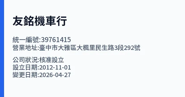 友銘機車行的照片-統編 39761415(臺中市) 公司登記資料與營業項目詳細圖表