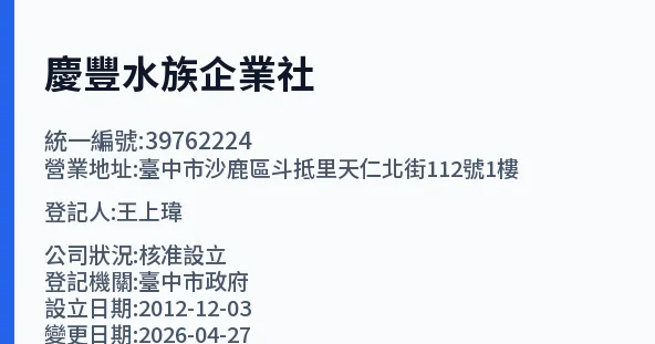 慶豐水族企業社的照片-統編 39762224(臺中市) 公司登記資料與營業項目詳細圖表