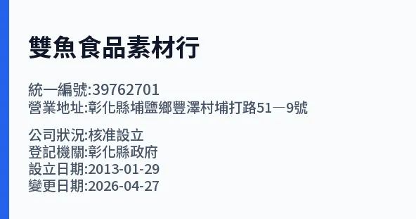 雙魚食品素材行的照片-統編 39762701(彰化縣) 公司登記資料與營業項目詳細圖表