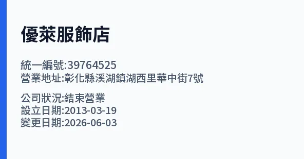 優萊服飾店的照片-統編 39764525(彰化縣) 公司登記資料與營業項目詳細圖表