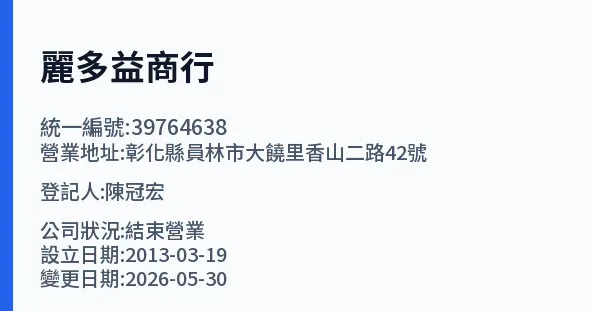 麗多益商行的照片-統編 39764638(彰化縣) 公司登記資料與營業項目詳細圖表