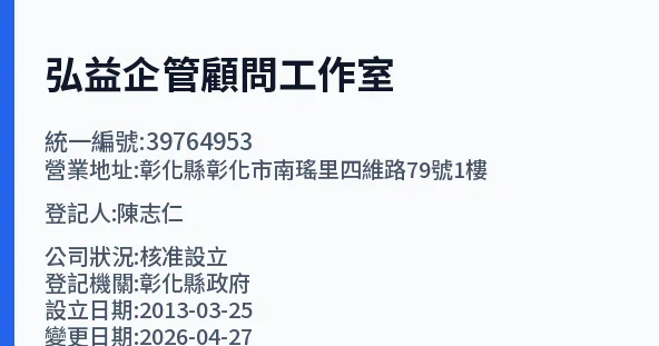 弘益企管顧問工作室的照片-統編 39764953(彰化縣) 公司登記資料與營業項目詳細圖表